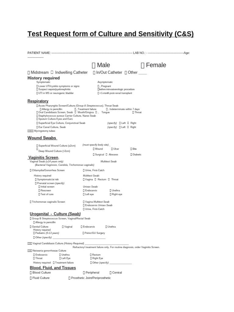 Test Request Form of Culture and Sensitivity | PDF | Urinary Tract ...