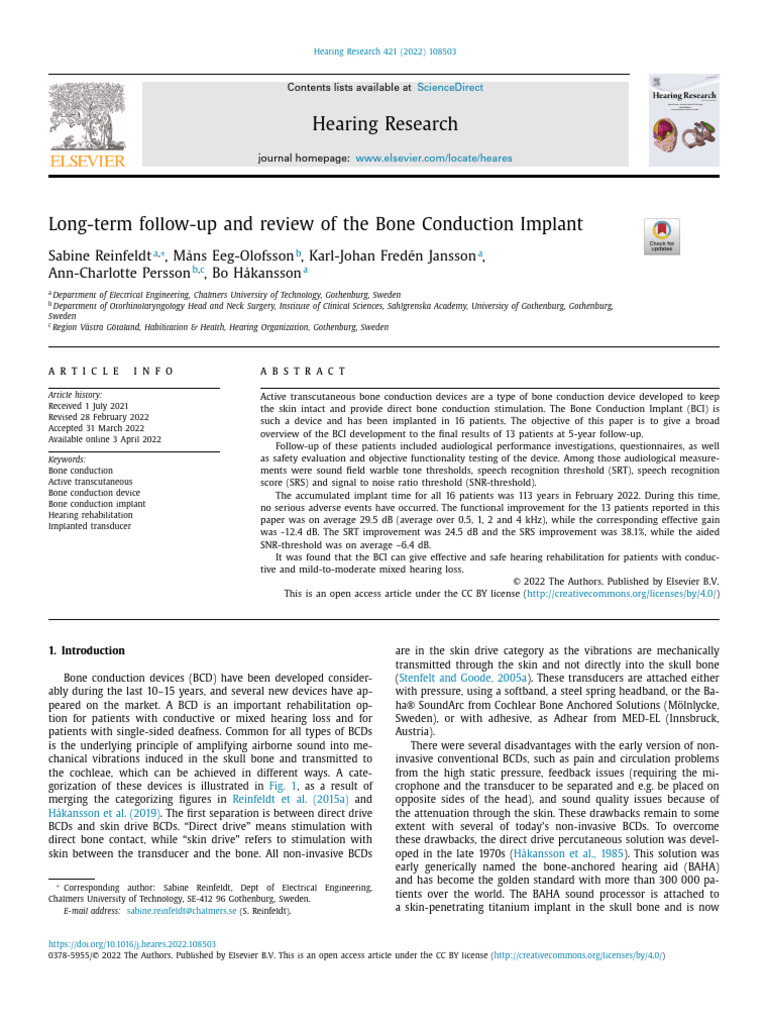 Long-term follow-up and review of the Bone Conduction Implant | PDF ...