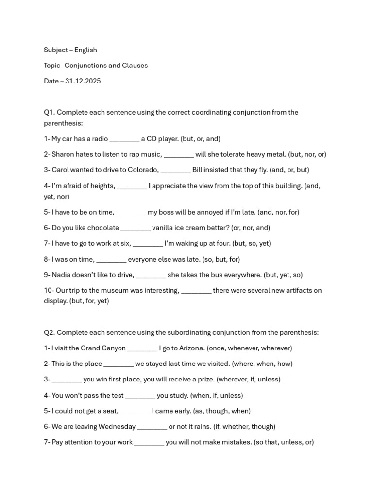 Conjunctions and Clauses Exercises | PDF