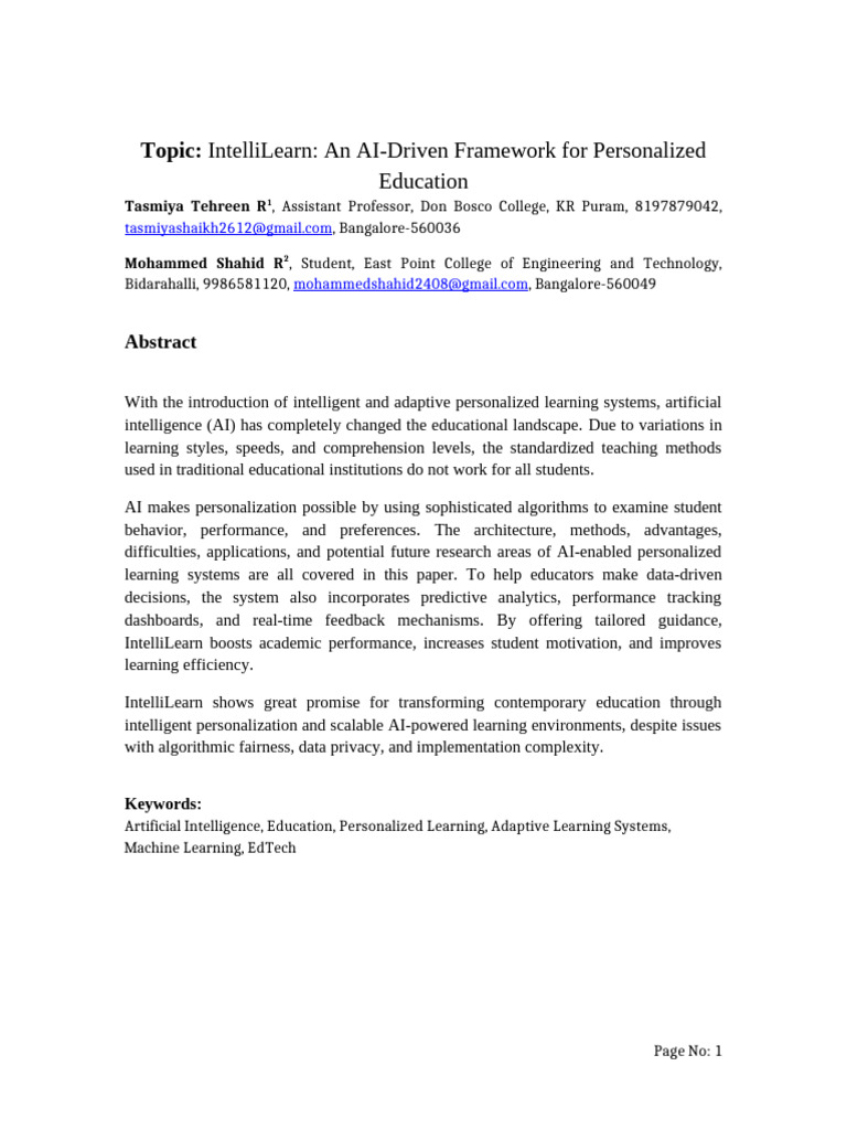 IntelliLearn_An AI-Driven Framework for Personalized Education | PDF | Learning | Artificial ...