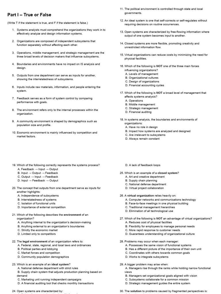 True or False: Systems Analysis Quiz | PDF | System | Business Economics