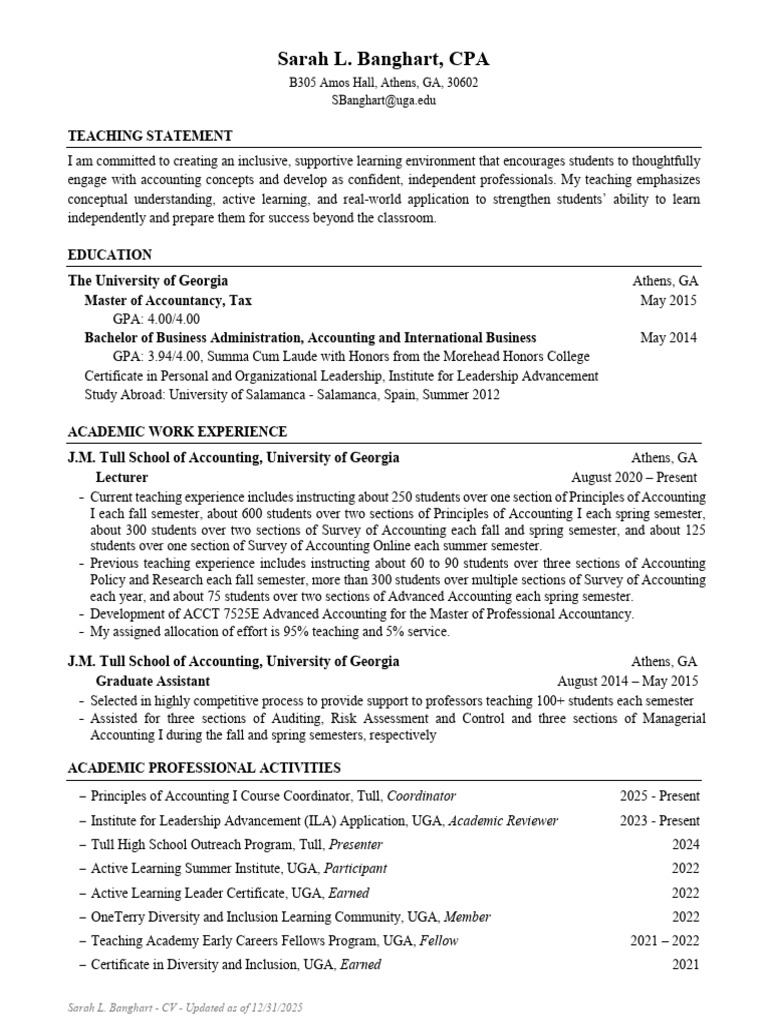 Sarah L. Banghart - CPA Teaching CV | PDF | Accounting