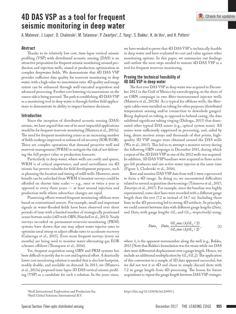4D DAS VSP as a Tool for Frequent Seismic Monitoring in Deep Water ...