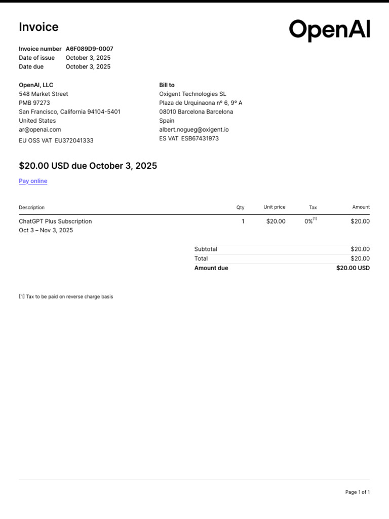 Invoice for ChatGPT Plus Subscription | PDF