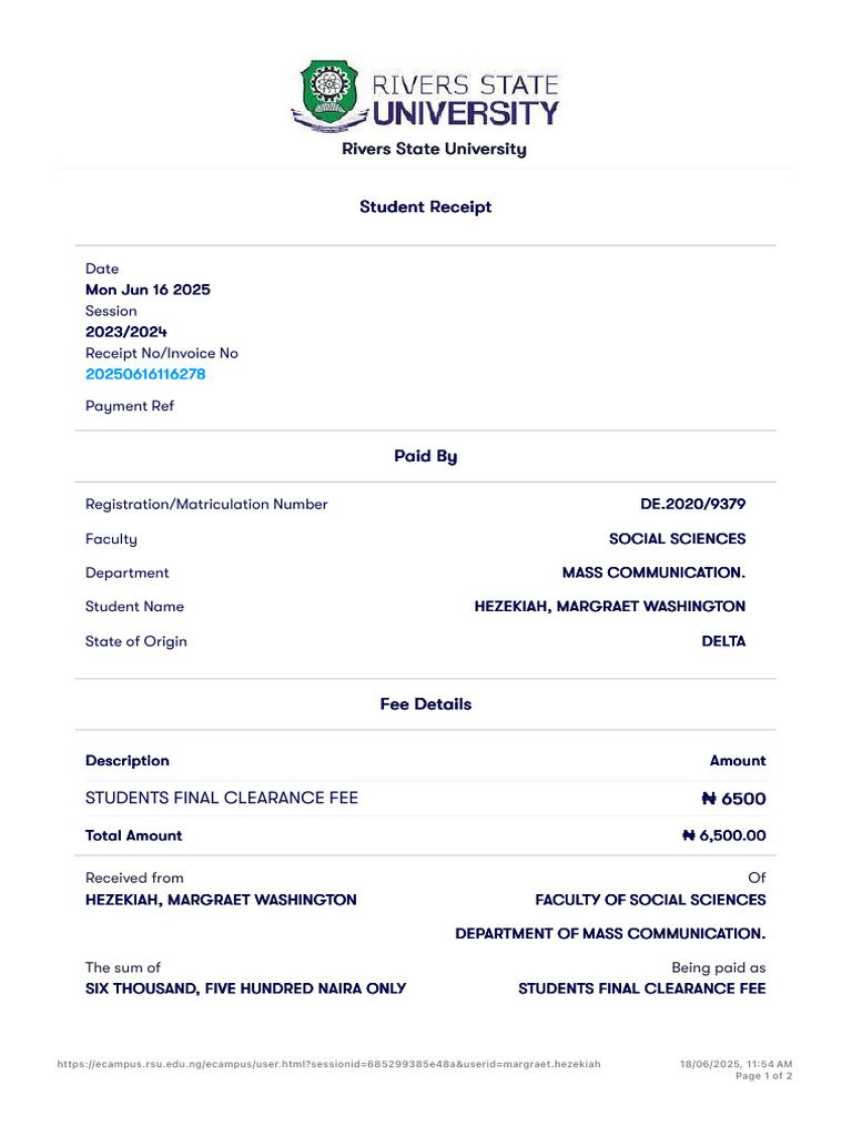 Rivers State University Student Receipt | PDF