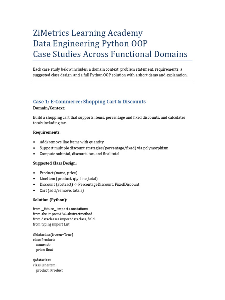 Data Engineering PYTHON Case Studies ZiMetrics Learning Academy | PDF | Object Oriented ...