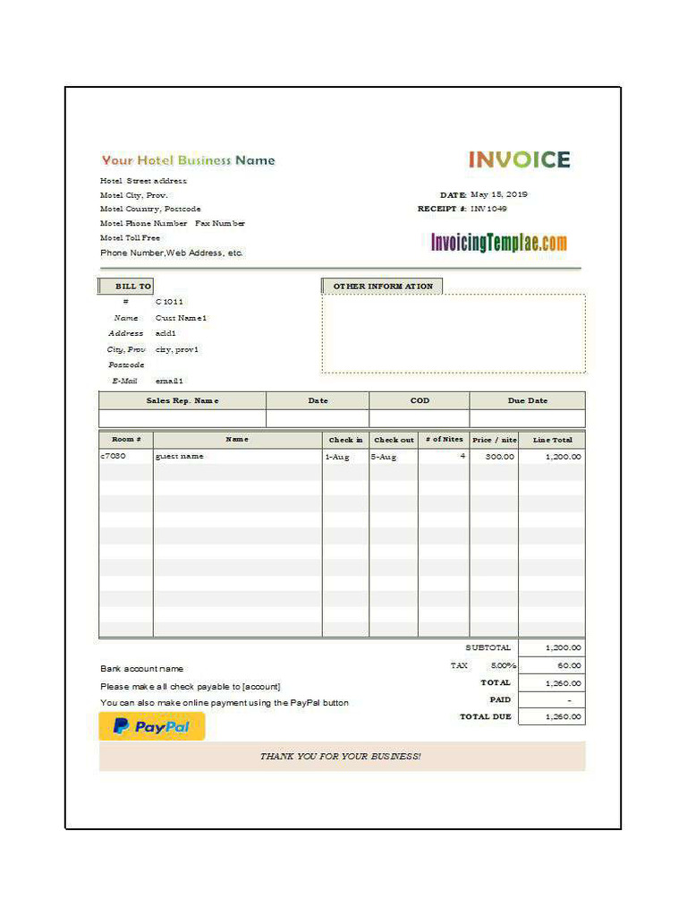 Hotel Bill Format With Online Payment Button | PDF
