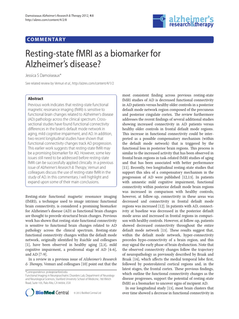 2012_Resting-State FMRI as a Biomarker for AD | PDF | Functional ...