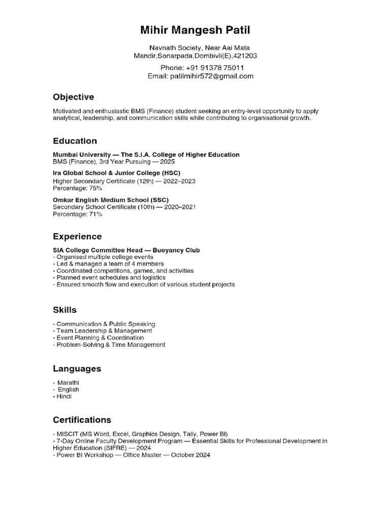 Mihir Patil CV Finance - 2 | PDF