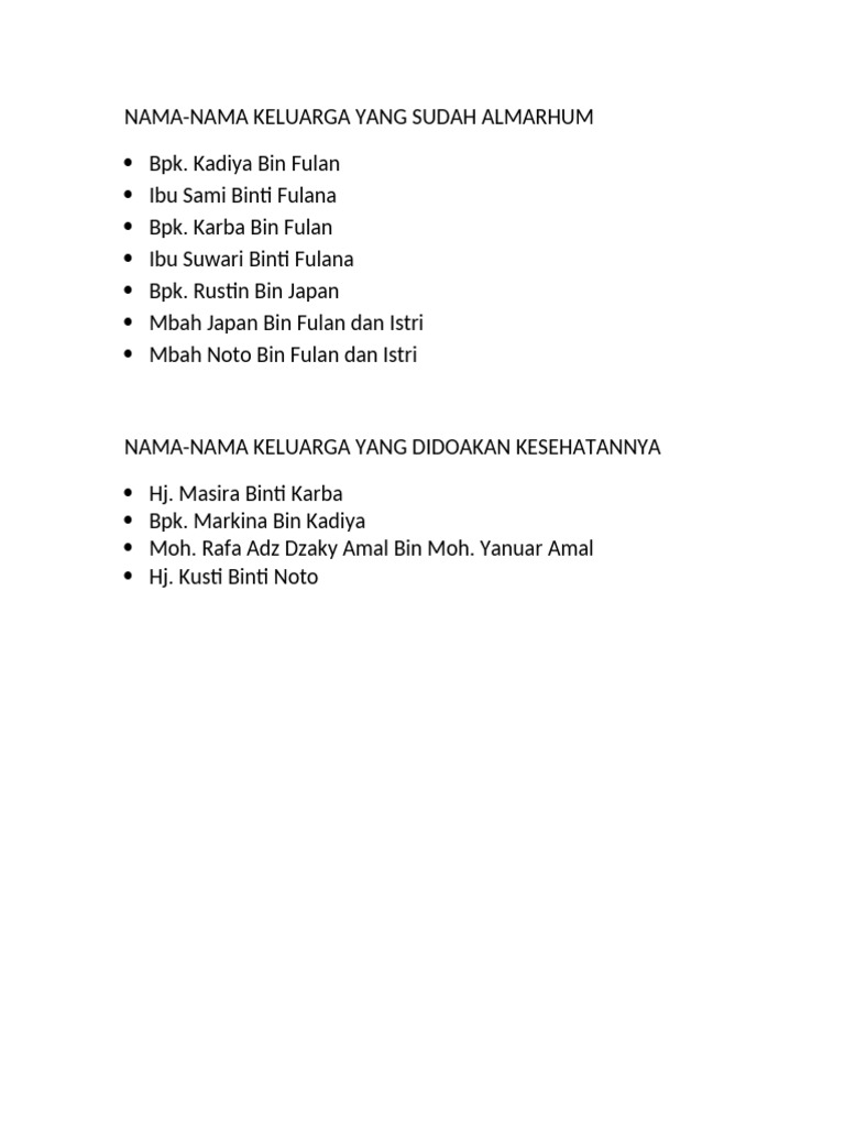 Daftar Nama Keluarga Almarhum dan Doa | PDF