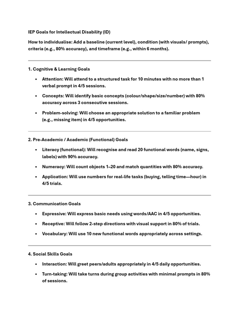 IEP Goals for Intellectual Disability | PDF | Cognitive Psychology ...