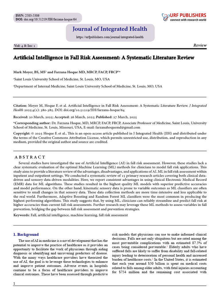 Artificial Intelligence in Fall Risk Assessment: A Systematic ...