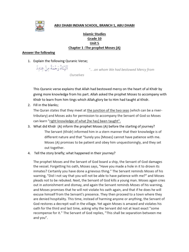 Unit 5 Chapter 1 Allahs Prophet Moses Peace Be Upon Him | PDF ...