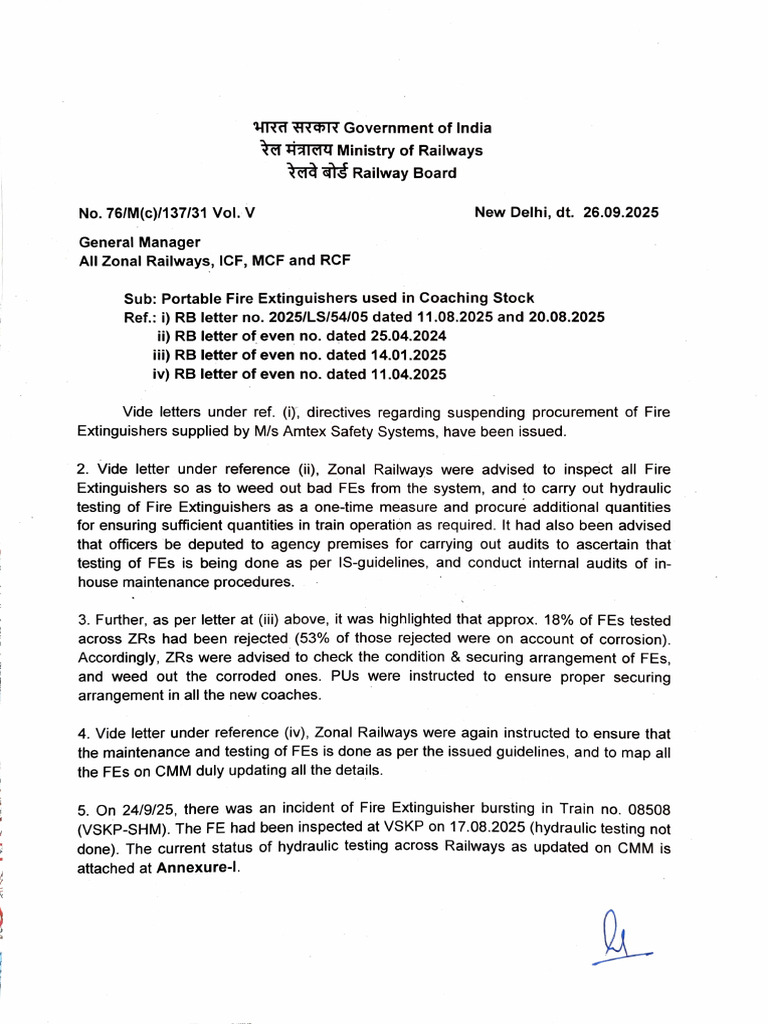 Letter To ZRs and PUs Reg. Fire Extinguishers in Coaches Dated 26-09-25 ...
