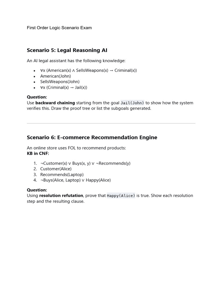 First Order Logic Scenario Exam | PDF