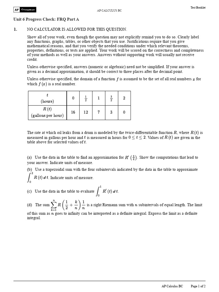 AP Calculus BC Unit 6 FRQ Progress Check | PDF | Integral | Function ...