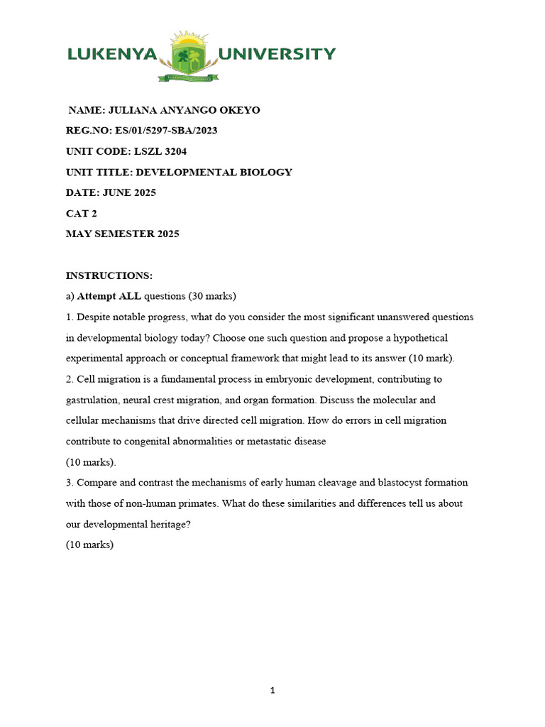 LSZL3204 CAT2 2025 | PDF | Cell Migration | Biology