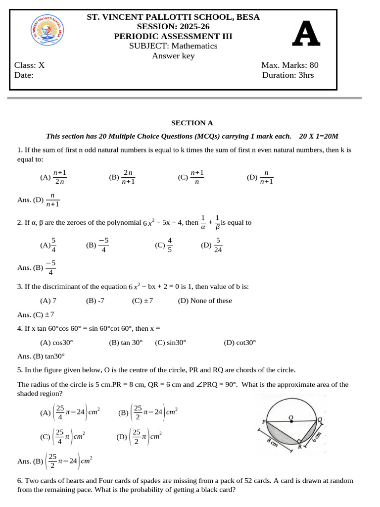 2025 26 Anskey Class x Prelims Math Set A | PDF | Circle | Mathematical ...