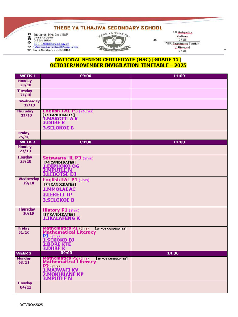 INVIGILATION TIME TABLE GRADE 12 FINAL | PDF | Earth Sciences