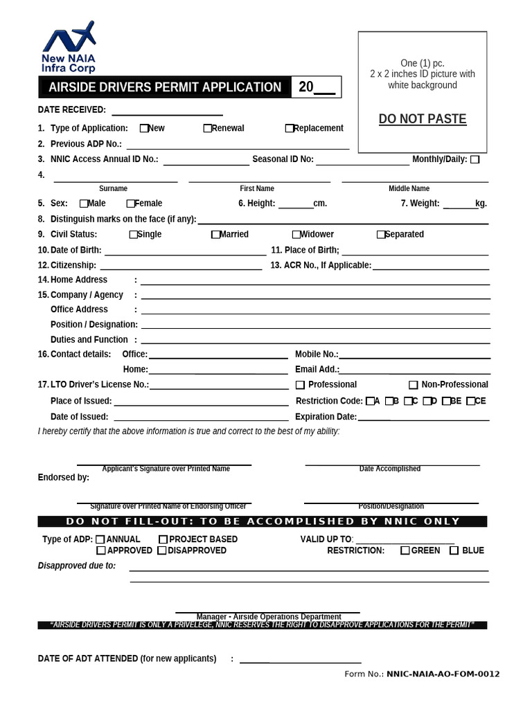 Airside Drivers Permit Application Form | PDF
