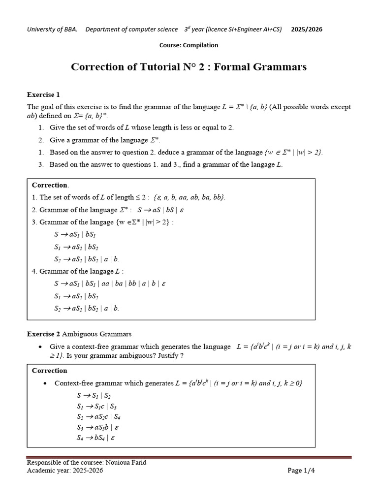 Compilation Course: Formal Grammars Exercises | PDF | Human ...