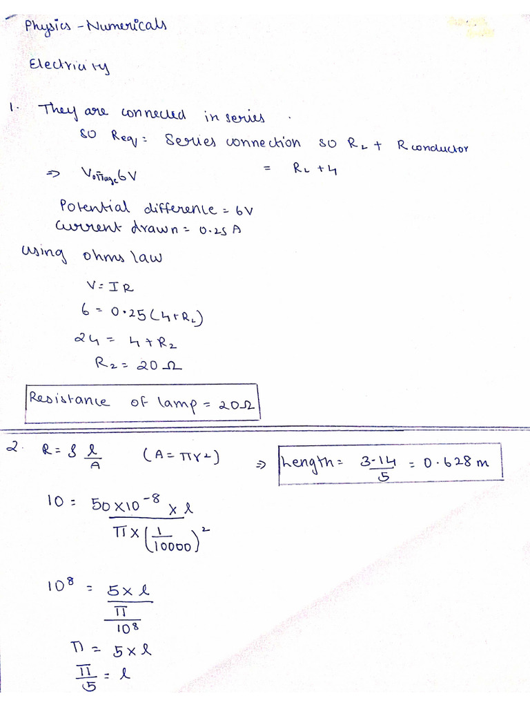 Electricity Ws AnswersPhysics worksheet class X -Numerixjjffjcals | PDF