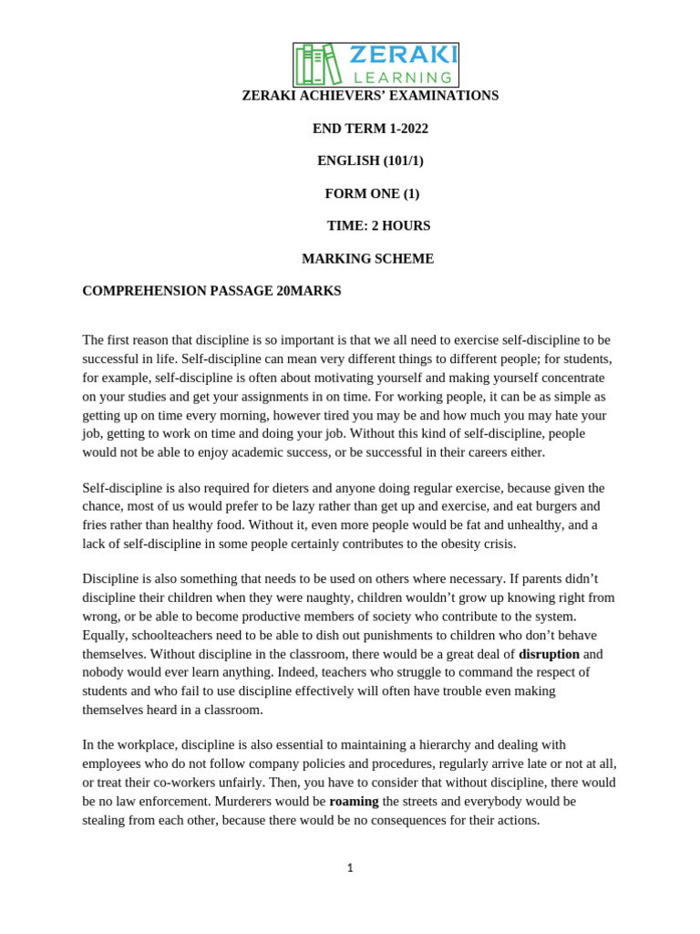 Zeraki - English Form 1 - Marking Scheme | PDF | Disciplines | Teachers