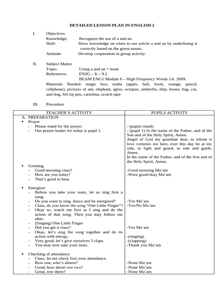 Lesson Plan: Using A and An in English | PDF | Consonant
