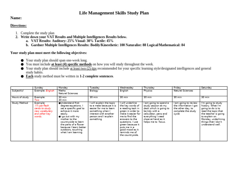 Life+Management+Skills+Study+Plan | PDF | Behavior Modification | Human ...