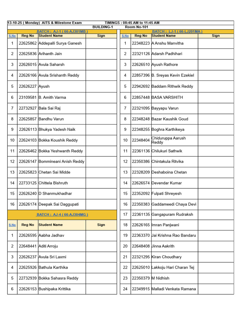 Building-1,13-10-25,Monday AITS & MT Exam Seating Plan-1 | PDF