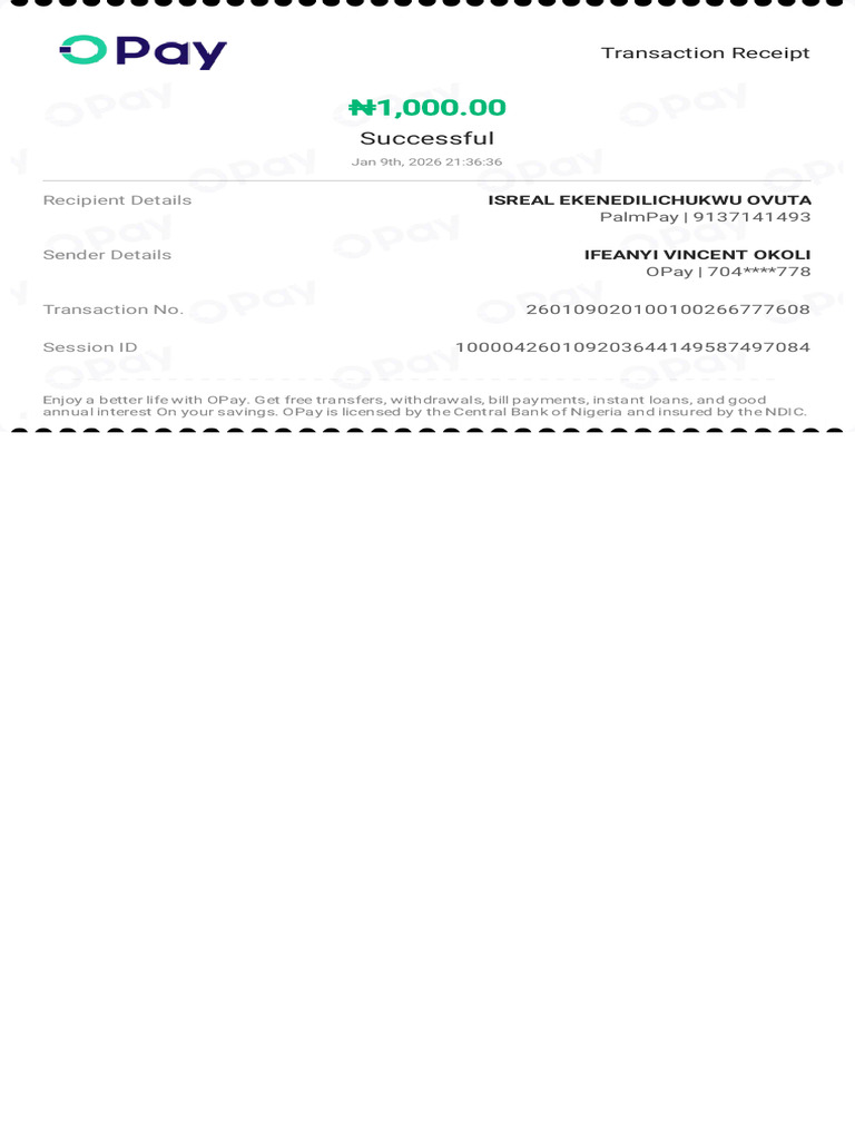 Transaction Receipt for OPay Transfer | PDF