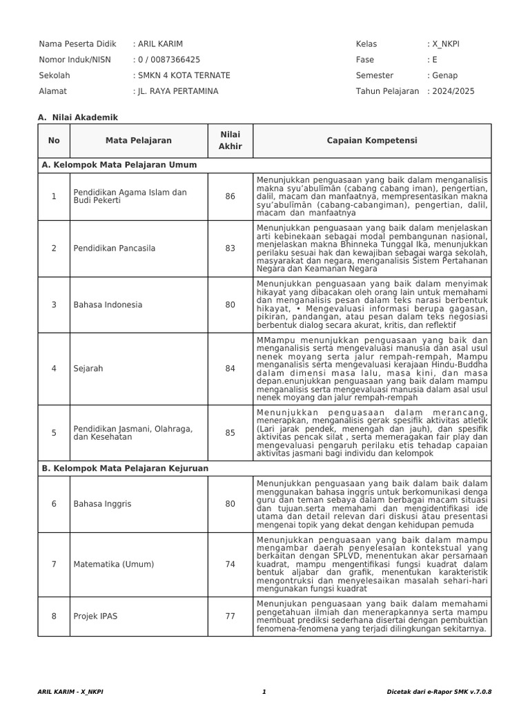Rapor Akademik Aril Karim Kelas X_NKPI | PDF