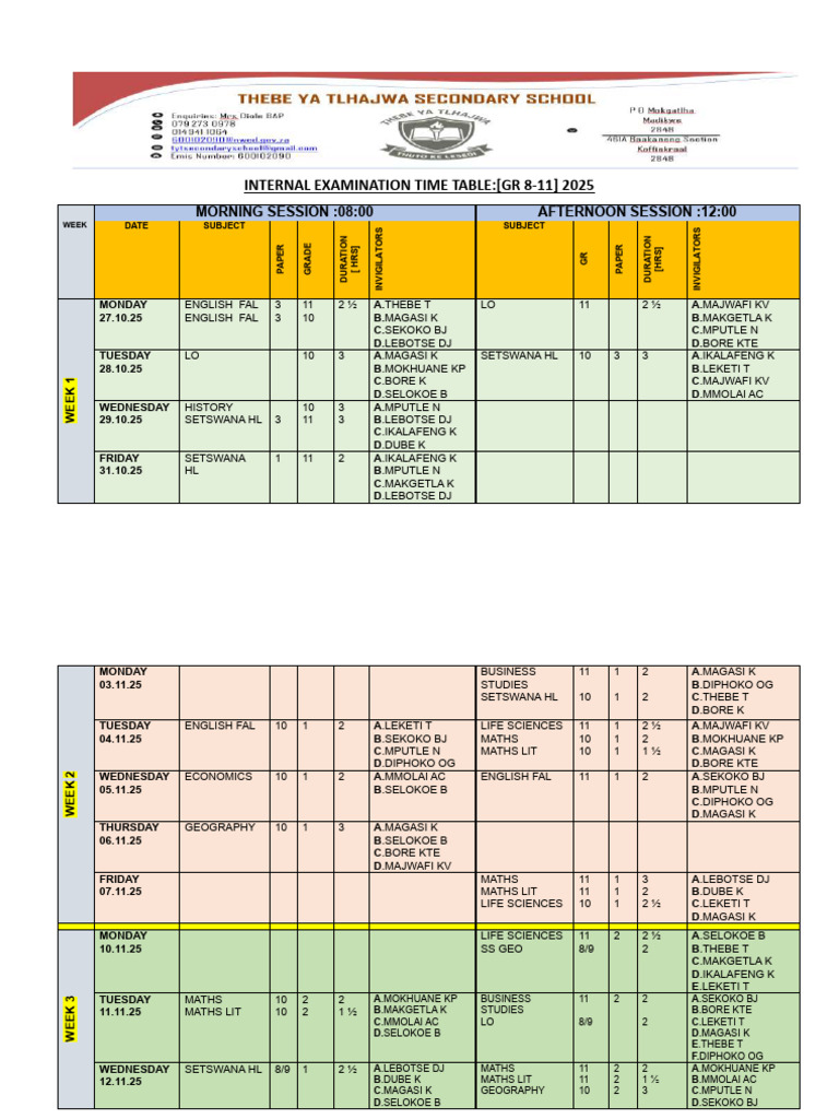 GR 8 -11 INVIGILATION TIME TABLE 2025-1 | PDF