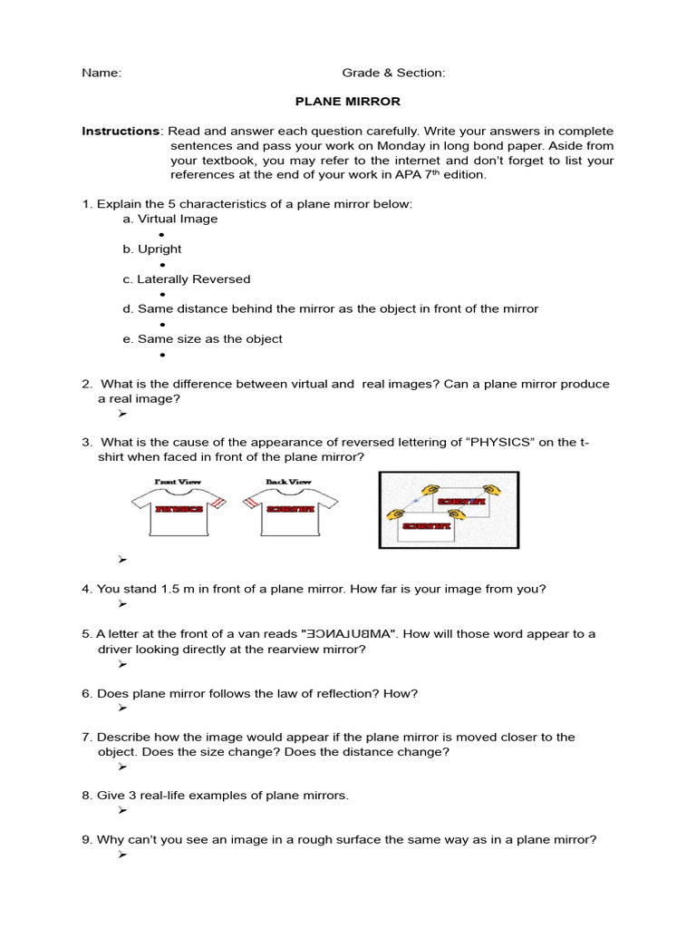 Plane Mirror Activity (1) | PDF