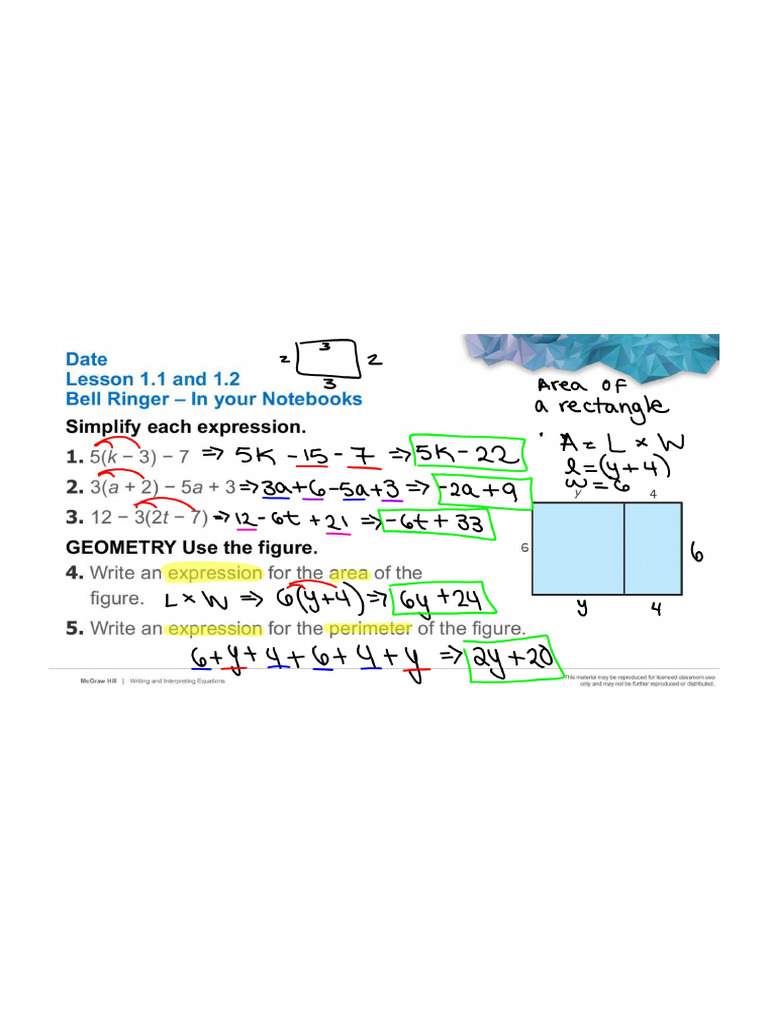 Algebra 1 - Lesson 1.1 and 1.2 - Writing, Interpreting, and Solving ...