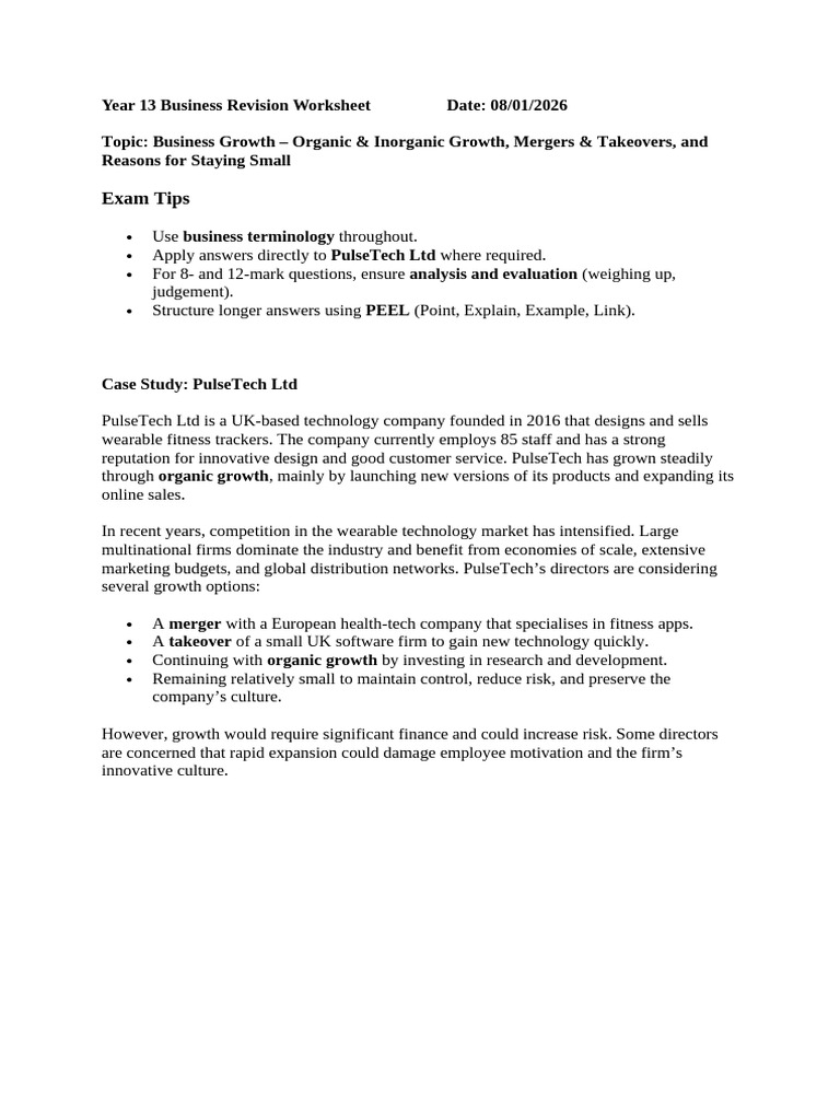 Year 13 Business Revision Worksheet Date | PDF | Mergers And ...