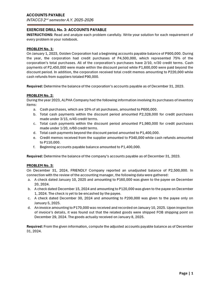 Exercise Drill- Accounts Payable | PDF | Accounts Payable | Money