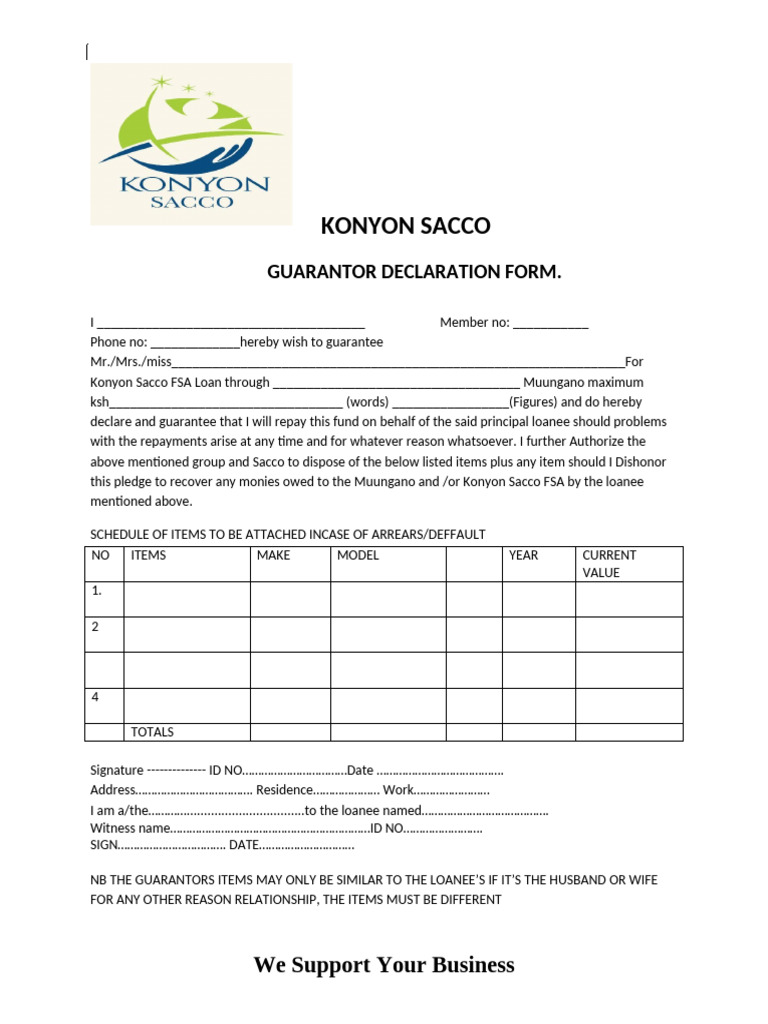 Konyon Sacco Guarantor Declaration Form | PDF