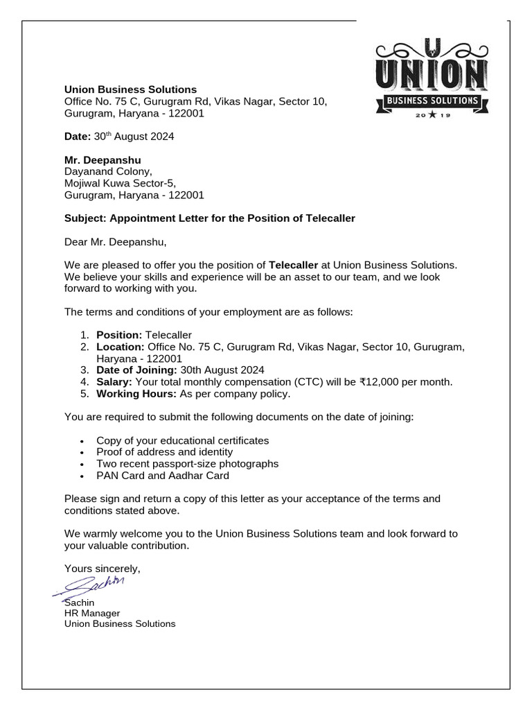 Telecaller Appointment Letter - Union Business Solutions | PDF