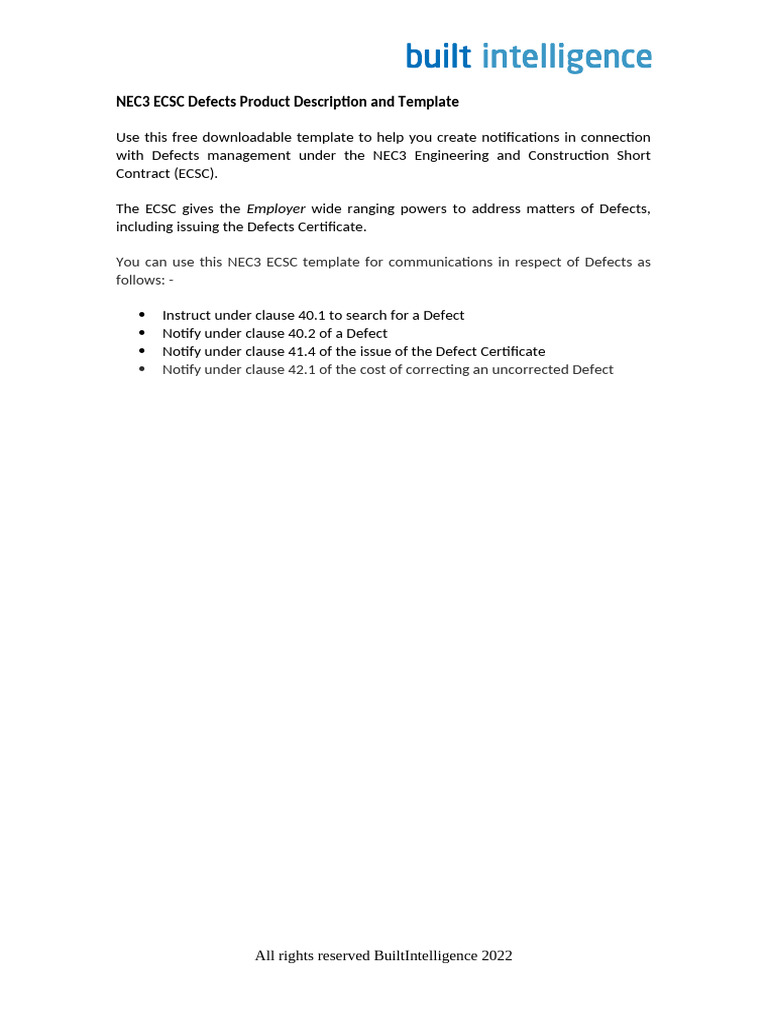 NEC3 ECSC Defects Management Template | PDF