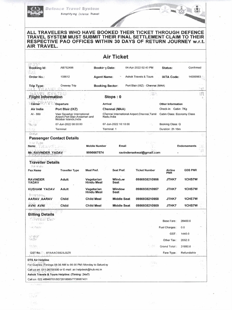 Ticket Port Blair To Chennai | PDF