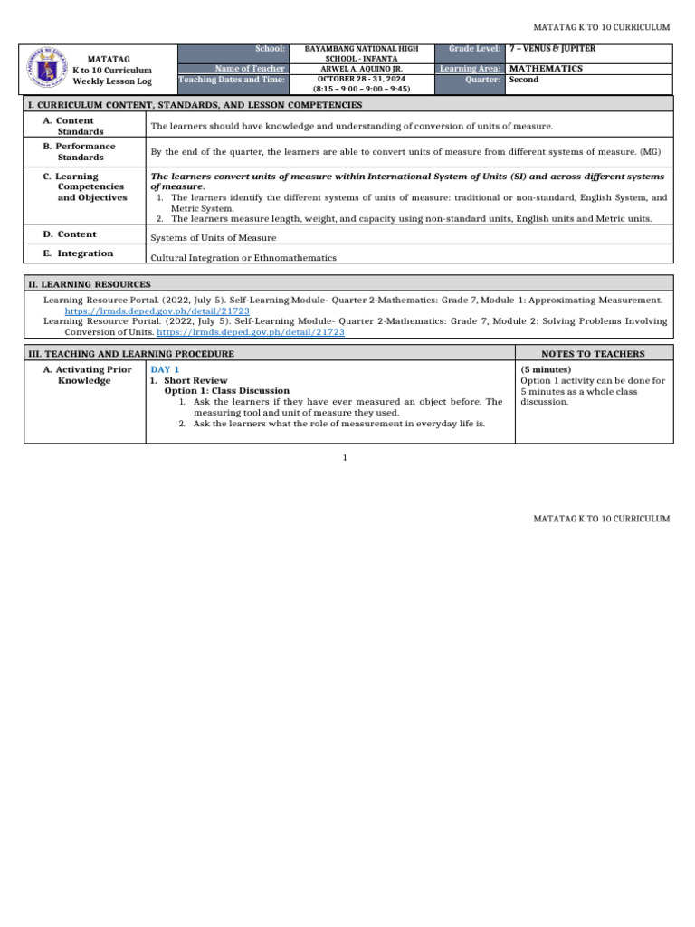 Dll Matatag _mathematics 7 q2 w2 - Final | PDF | International System Of Units | Gallon