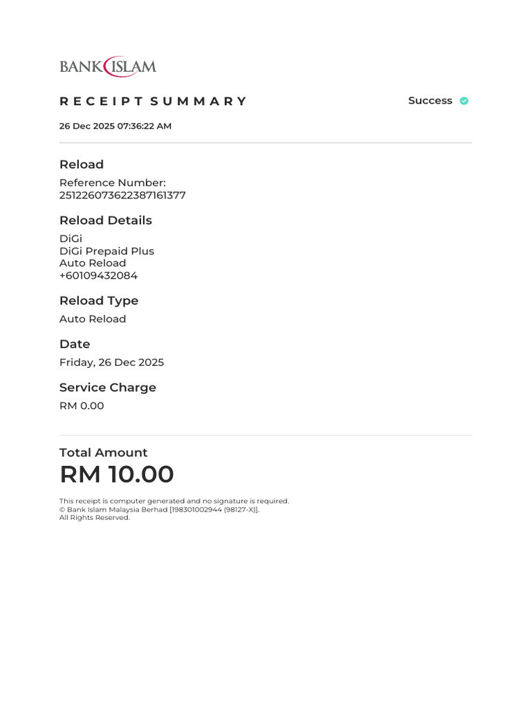 DiGi Prepaid Plus Auto Reload Receipt | PDF