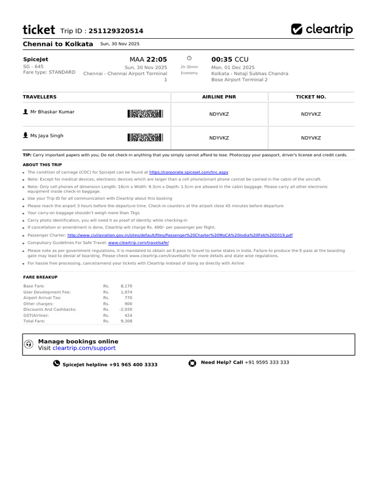 Cleartrip Flight Domestic E-Ticket | PDF | Transport