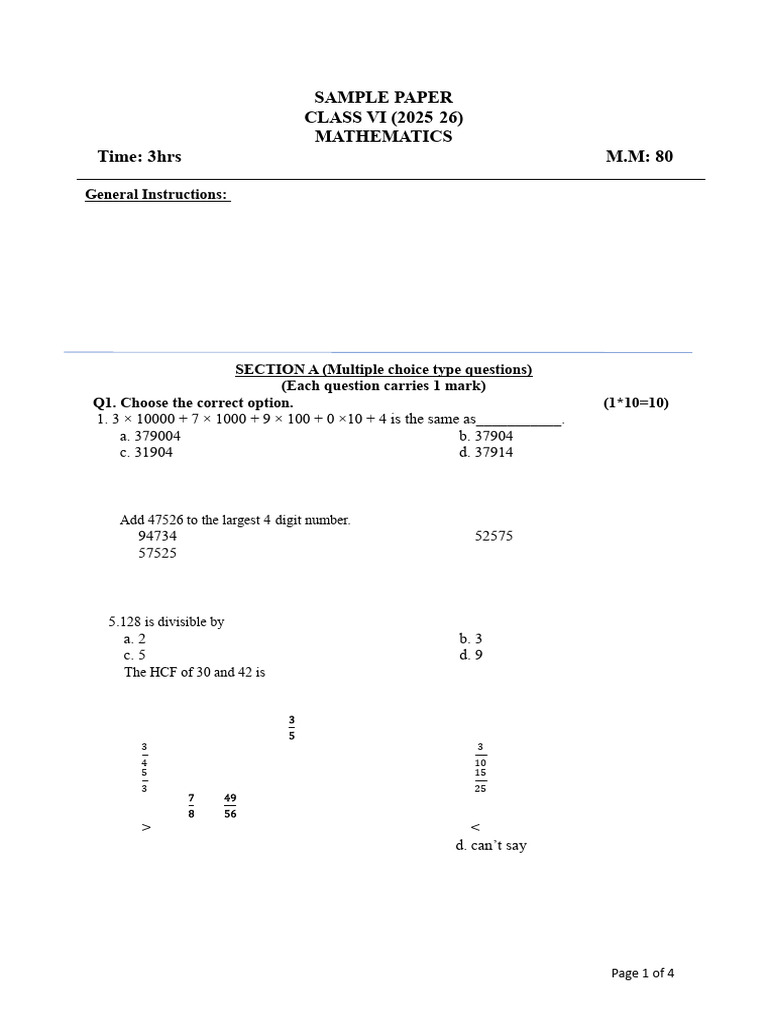 Math Sample Paper Class 6 | PDF | Chess Theory | Chess