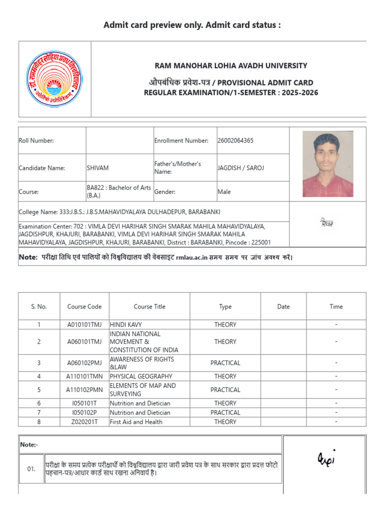 Shivam Ba Dul Admit Card | PDF