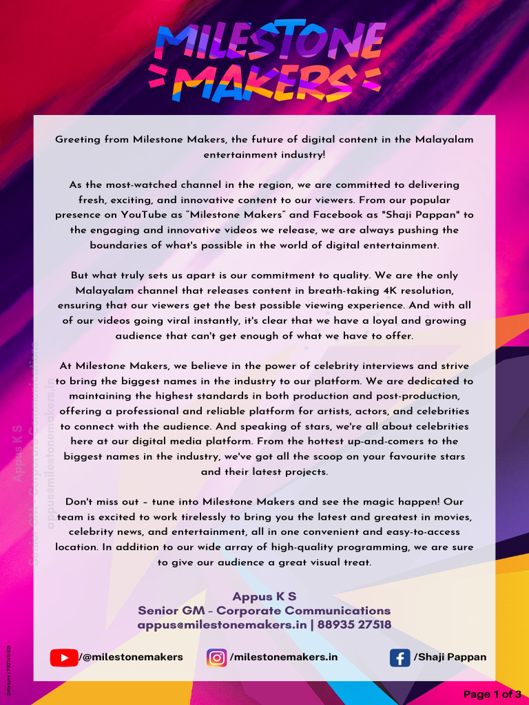 Milestone Makers Brochure | PDF | Entertainment | Mass Media
