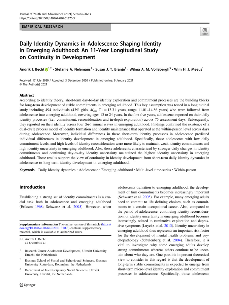 Daily Identity Dynamics in Adolescence Shaping Identity | PDF ...