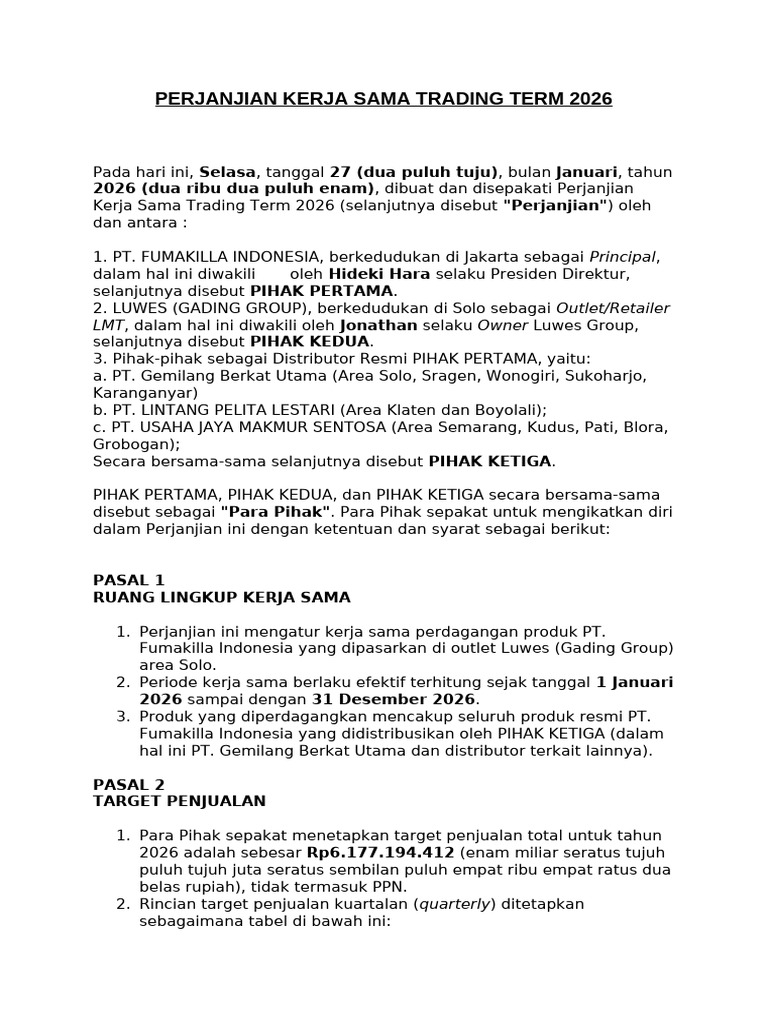 Perjanjian Kerja Sama Trading 2026 | PDF