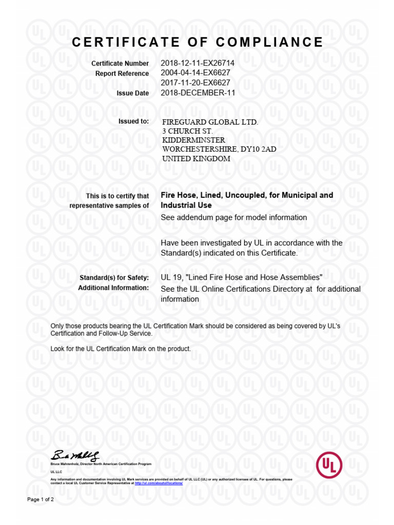 UL Compliance Certificate for Fire Hose | PDF | Safety